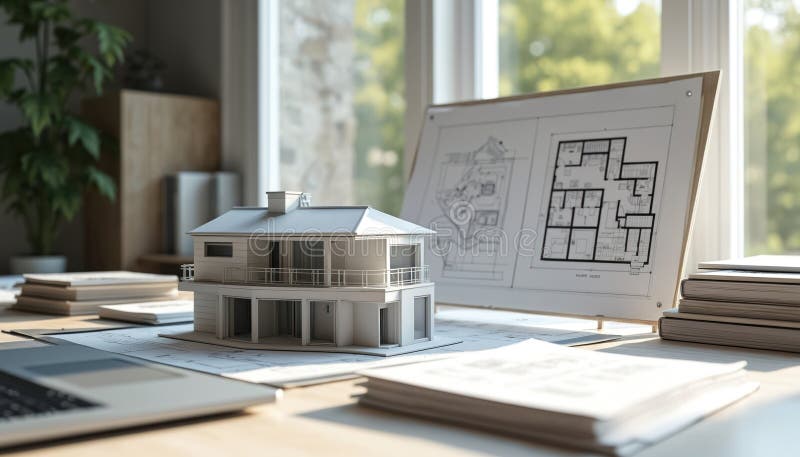 Architectural Blueprints House Model Laptop. Desktop with House Plan ...