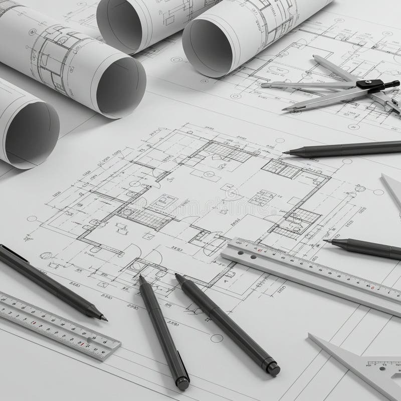 Rolledup Architectural Blueprints Showcasing Detailed Drawings ...