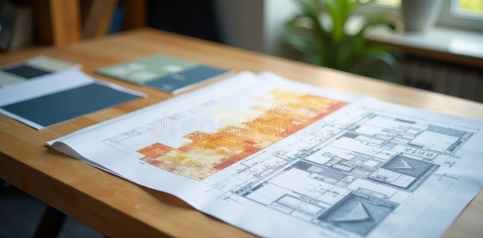 Architectural Blueprints Material Samples on Design Studio Desk ...