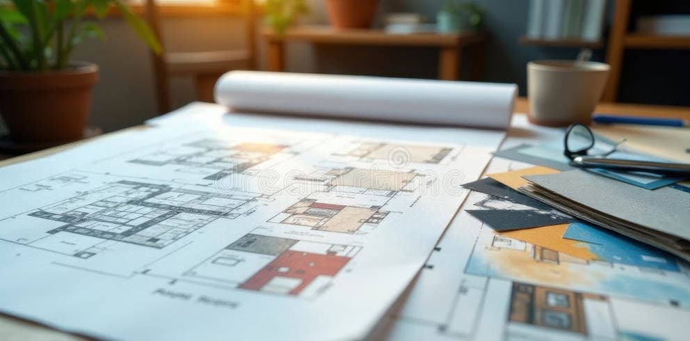 Architectural Blueprints Material Samples on Design Studio Desk ...