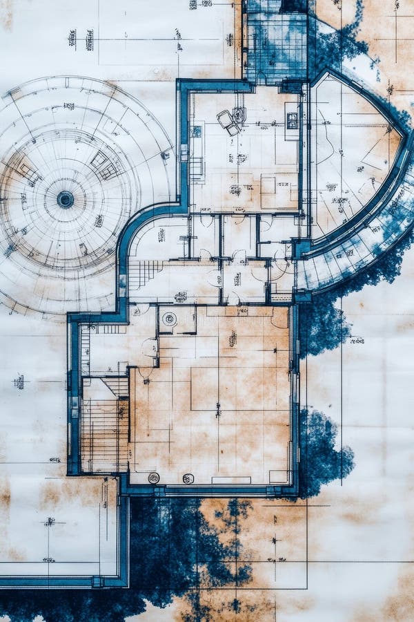 Architectural Blueprints of a Modern House Floor Plan with a Rounded ...