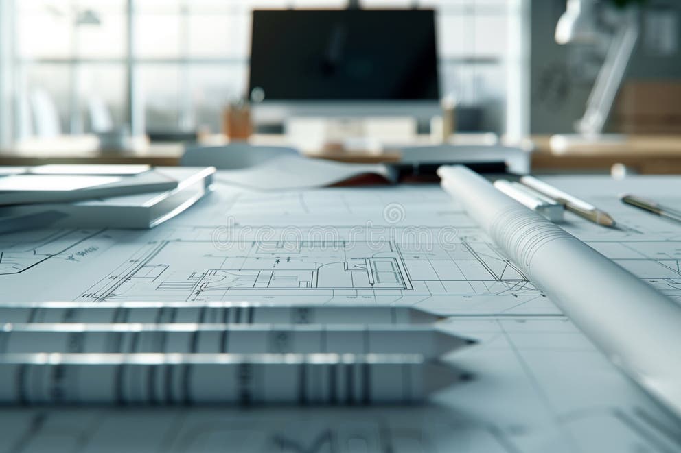 Architectural Blueprints with Pencil, Computer and Drawing Tools on ...