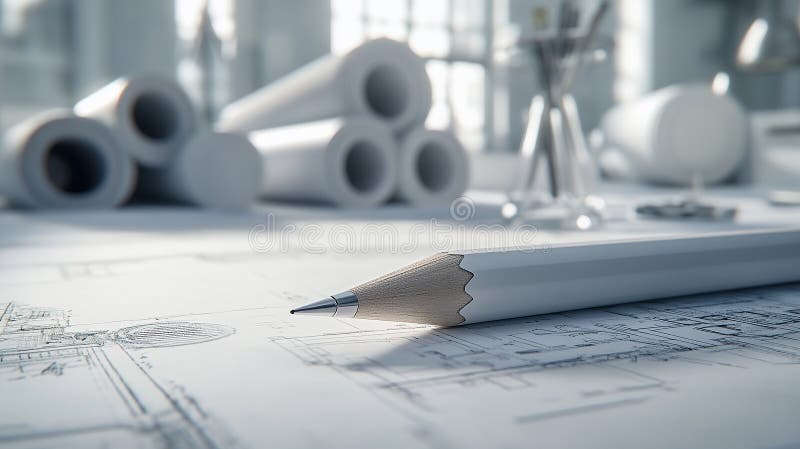 Architectural Blueprints and Pencil in Modern Workspace Stock ...