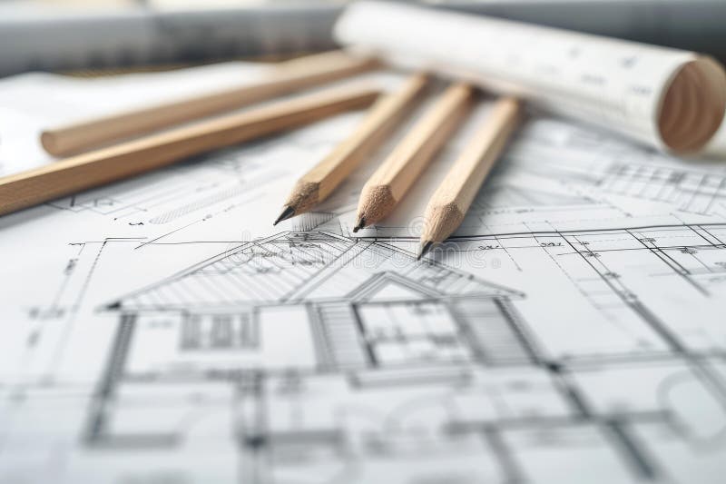 Architectural Blueprints with Pencils Closeup Stock Image - Image of ...