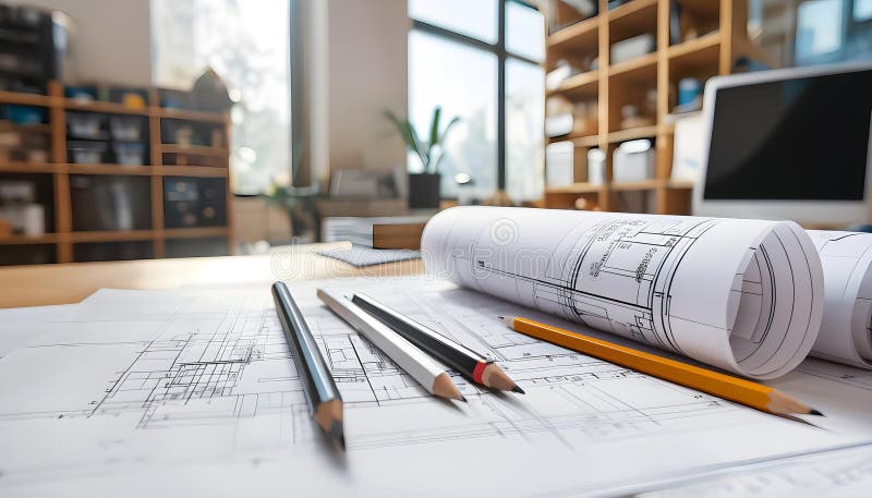 Architectural Blueprints with Pencils on Desk in Modern Office, Ideal ...