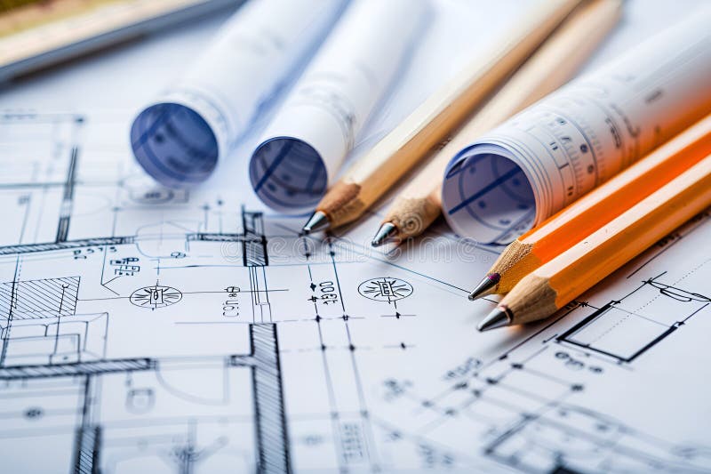Architectural Blueprints with Pencils and Technical Drawings in ...