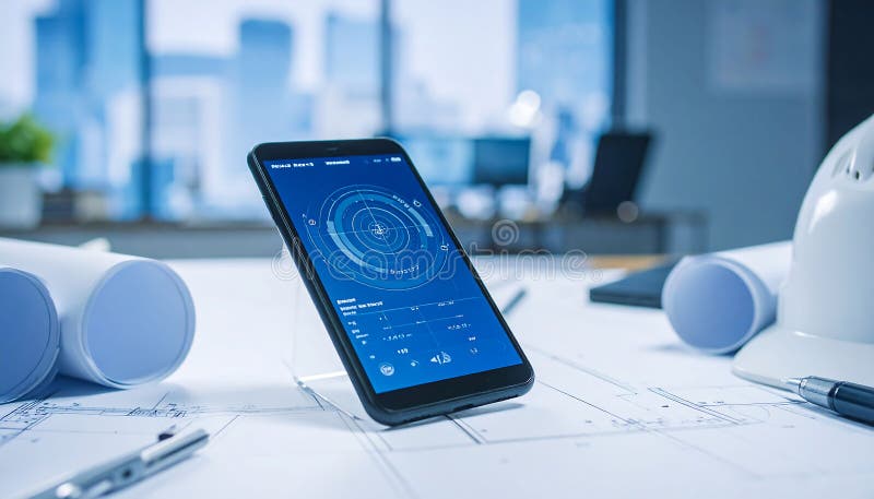Architectural Blueprints, a Phone Displaying a Complex Digital Interface, and a Hard Hat Evoke ...