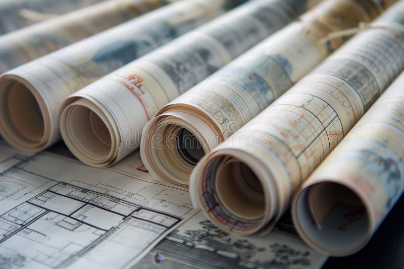 Rolled Architecture Blueprints on a Table Stock Photo - Image of ...