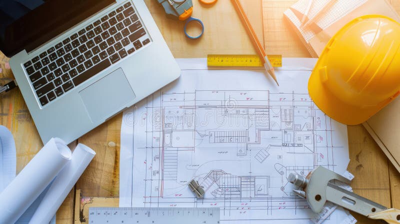 Architectural Blueprints and Plans Laid Out on a Table with ...