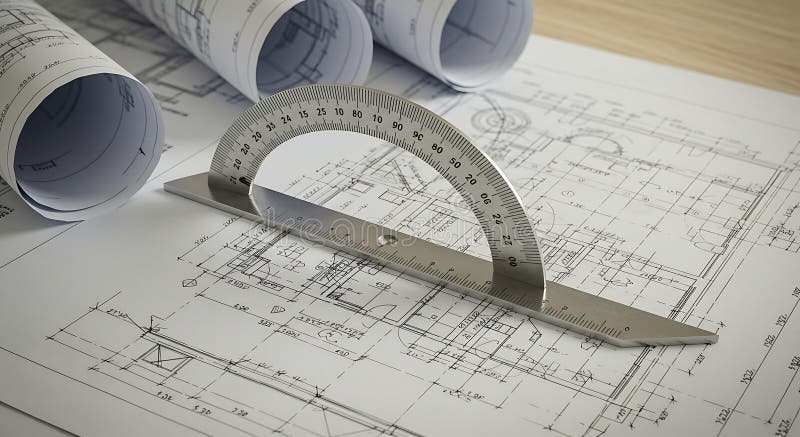 Architectural Blueprints and Drawing Tools on Wooden Workshop Table in ...