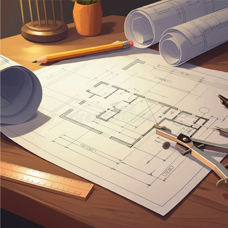Architectural Blueprints and Drawing Tools on Wooden Workshop Table in ...
