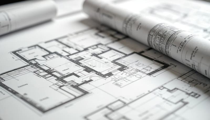 Architectural Blueprints Rolled Out on Table. Detailed Floor Plan Drawings, Construction Design ...