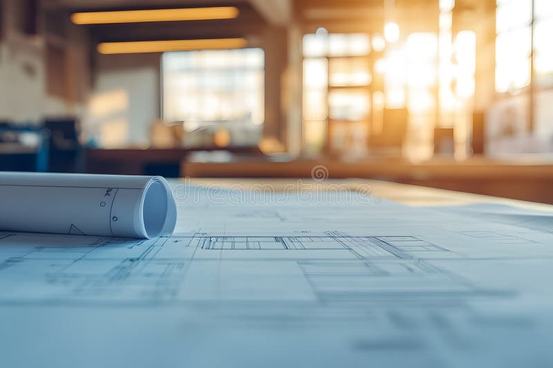Architectural Blueprints with Rolled Plans Stock Illustration ...