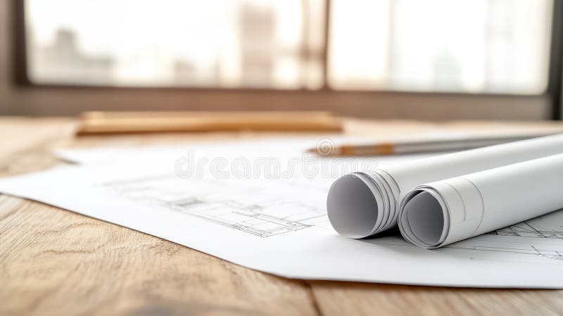 Rolled Blueprints are Lying on Unfolded Plans Showing the Layout of a ...