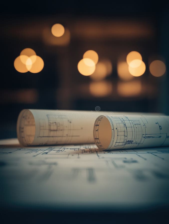 Architectural Blueprints Rolled and Spread on Table with Warm Lighting ...