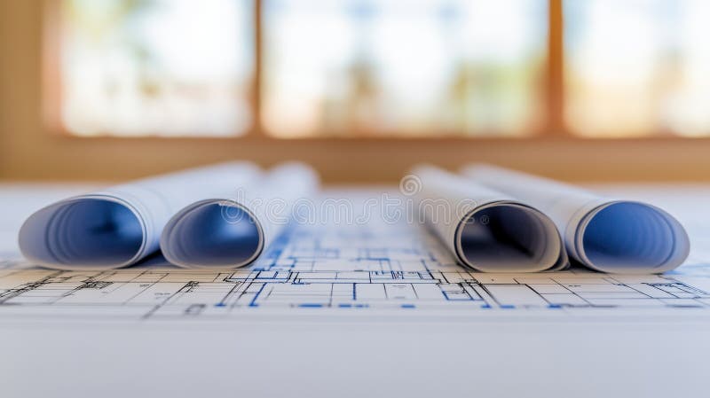 Architectural Blueprints, Rolled-up Plans on Table Indicating ...