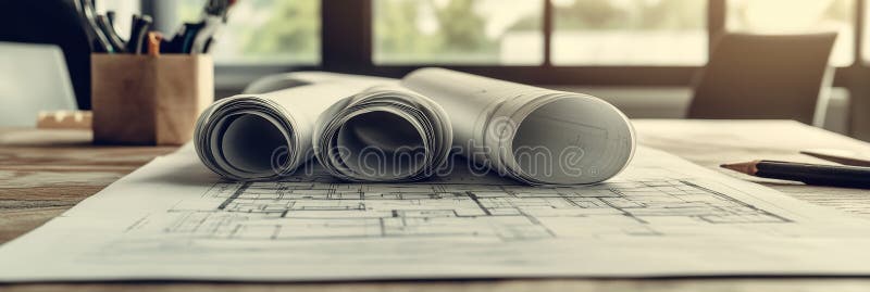 Architectural Blueprints Rolled Up on Table, Showcasing Construction ...