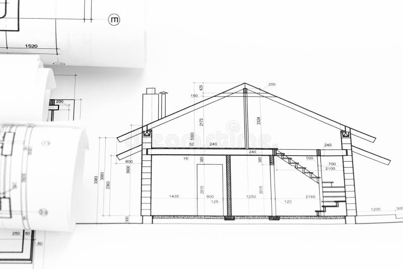 Architectural Blueprints Rolls and House Plan Stock Photo - Image of ...