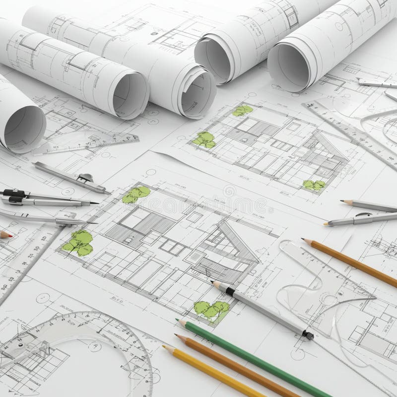Architectural Blueprints Spread Across a Table, Featuring Detailed ...