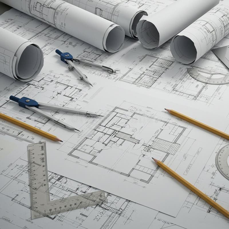 Architectural Blueprints Spread Across a Table, Featuring Detailed ...