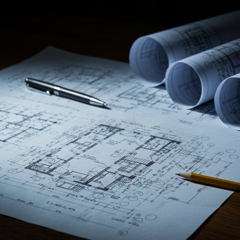 Architectural Blueprints Spread on a Table, Displaying Detailed Floor ...