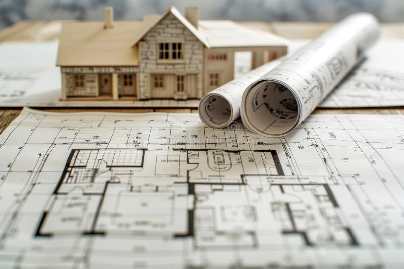 Architectural Blueprints are Spread on a Table with a Model House ...