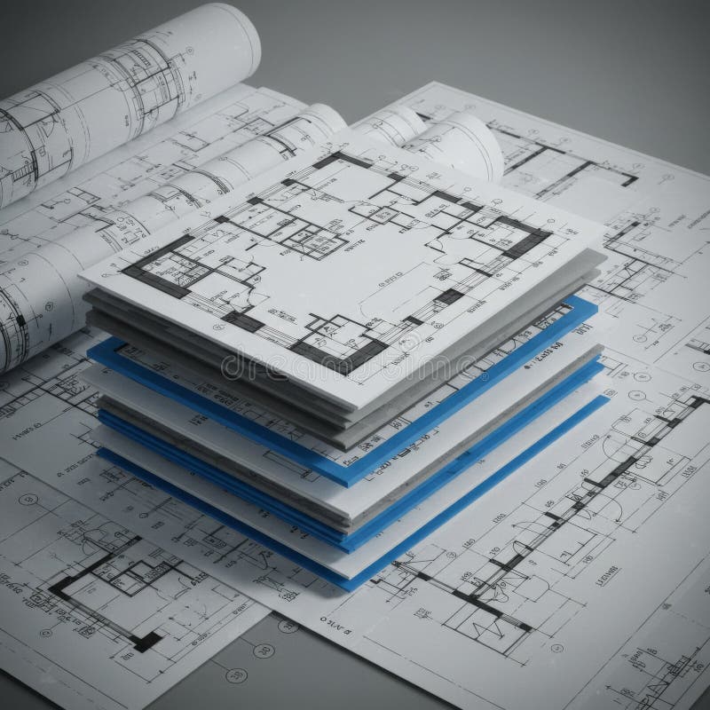 Architectural Blueprints Stacked on a Table Stock Illustration ...