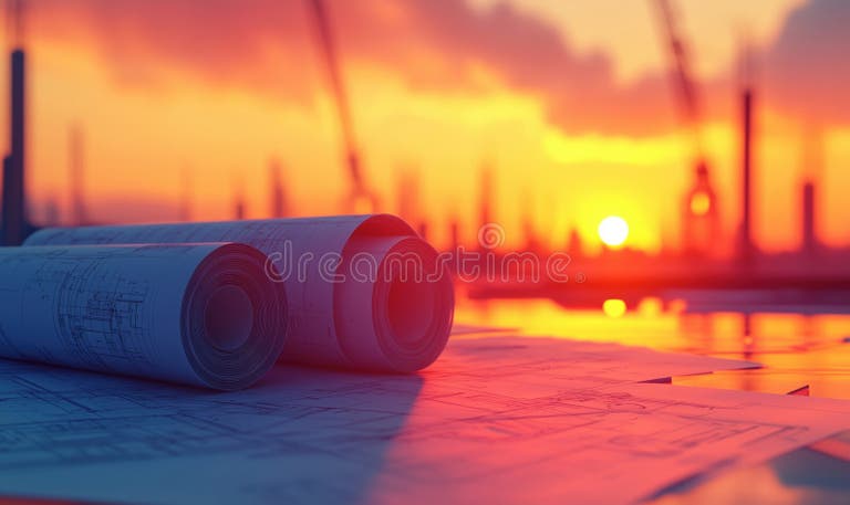 Architectural Blueprints at Sunset with Construction Cranes in ...
