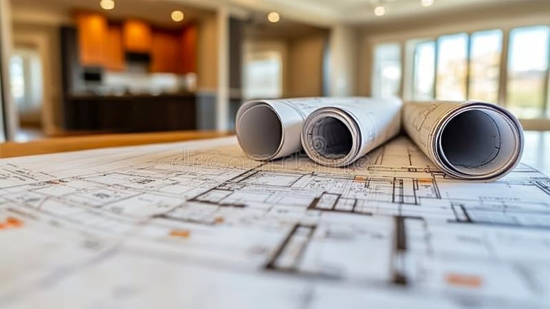 Architectural Blueprints on Table with Kitchen in Background Showing ...