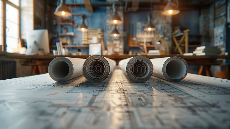 Architectural Blueprints on a Table in a Workshop Stock Illustration ...