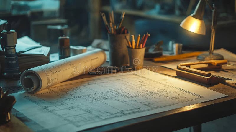 Architectural Blueprints and Technical Drawings on Desk with Drafting ...