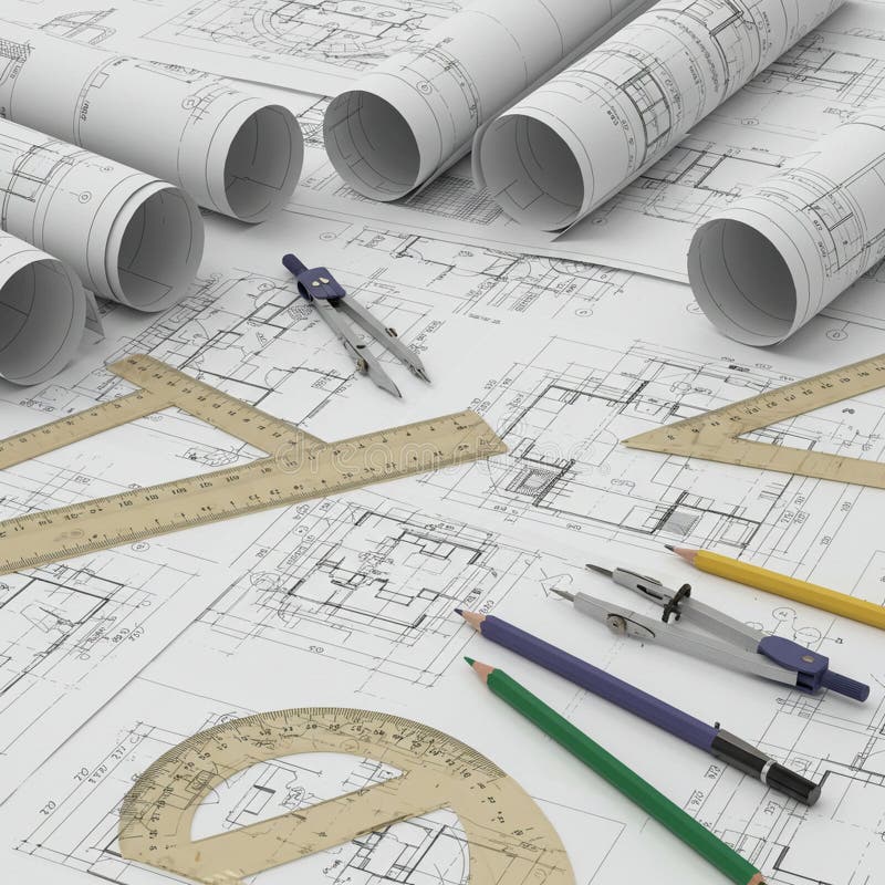 Architectural Blueprints and Drawing Tools on Wooden Workshop Table in ...