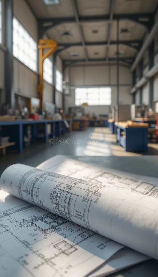 Architectural Blueprints on Worktable in Workshop Stock Image - Image ...