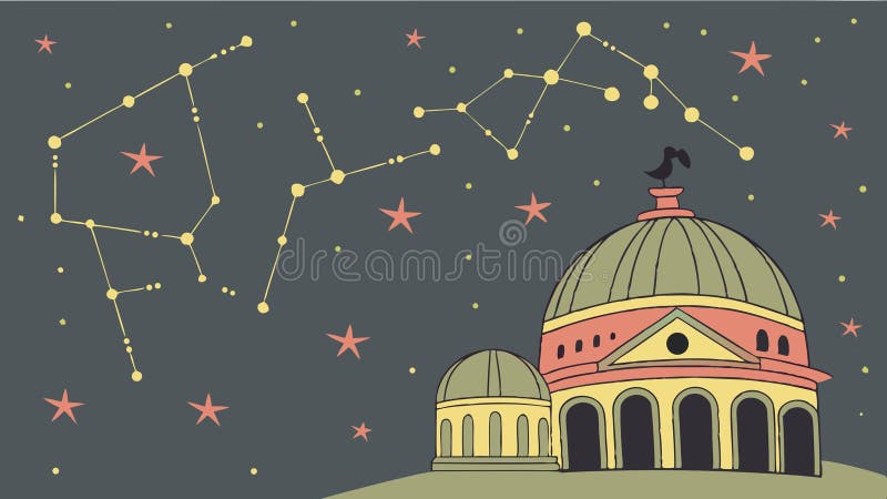 Architectural Building with Stars Constellations Night Sky Vector ...