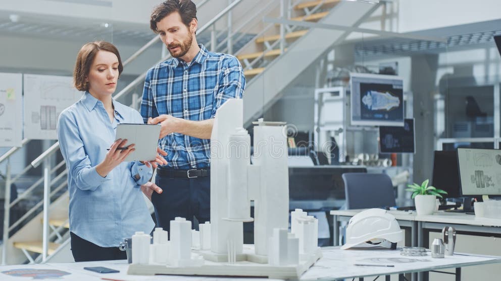 In Architectural Bureau: Architect and Engineer Talking, Working on a Building Complex Prototype ...