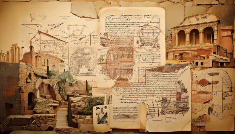 Architectural Collage of Stone Backdrops and Ancient Design Sketches ...