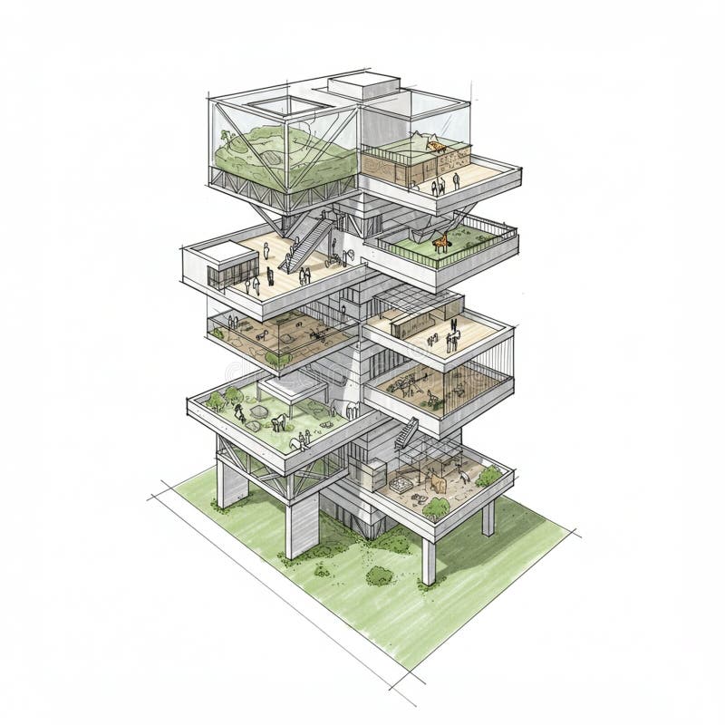 An Architectural Concept Sketch of a Multi-level Building with Stacked ...