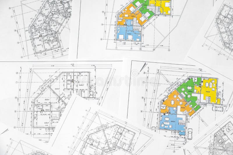 Architectural Construction Plans Paper on Table Close Up Stock Photo ...