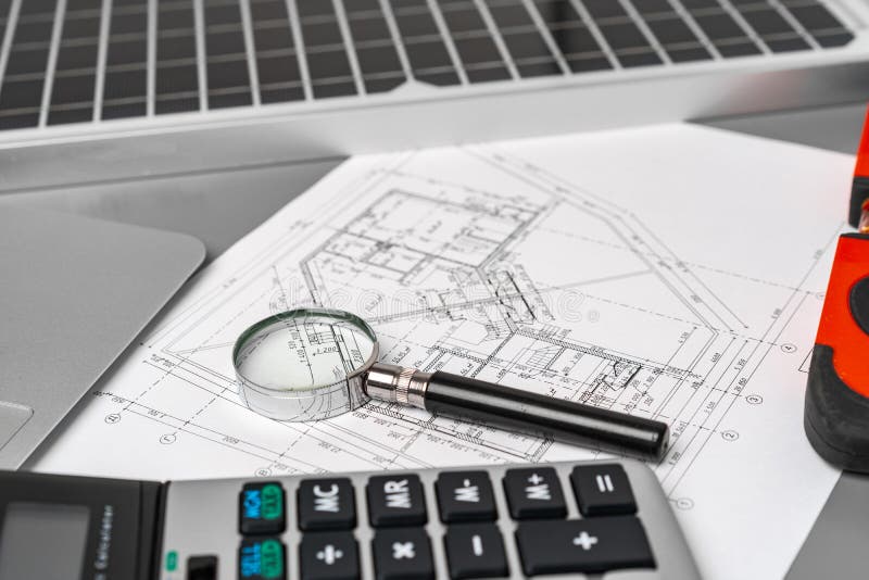 Architectural Construction Plans Paper on Table Close Up Stock Photo ...