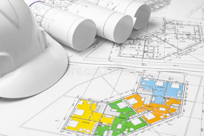 Architectural Construction Plans Paper on Table Close Up Stock Image ...