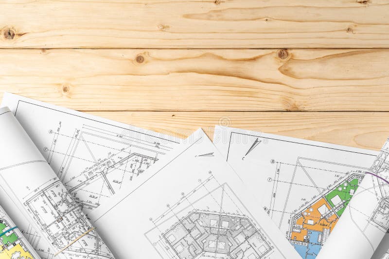 Architectural Construction Plans Paper on Table Close Up Stock Photo ...