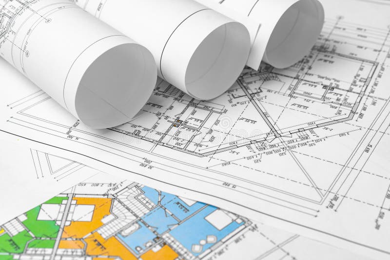 Architectural Construction Plans Paper on Table Close Up Stock Photo ...