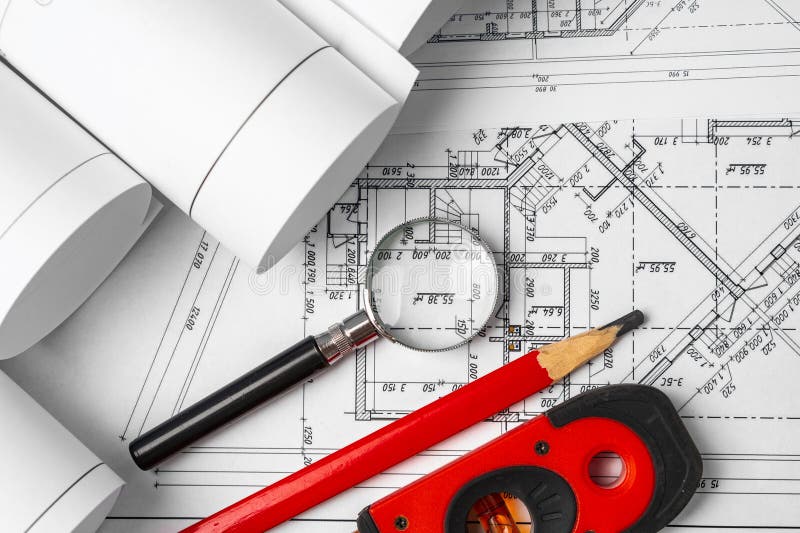 Architectural Construction Plans Paper on Table Close Up Stock Image ...