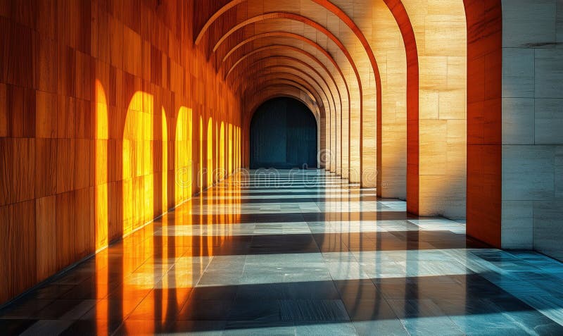 Architectural Corridor with Arches and Warm Sunlight Creating Dramatic ...