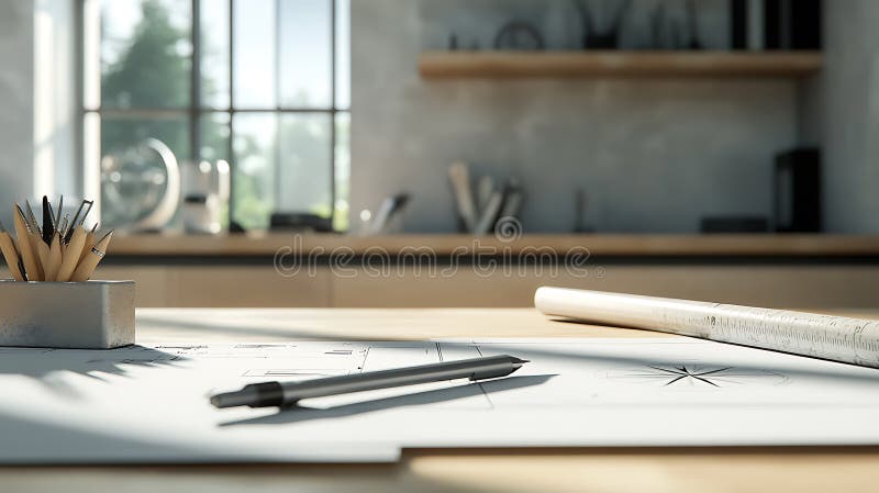 Architectural Design: Blueprint with Measuring Tool and Pencils ...