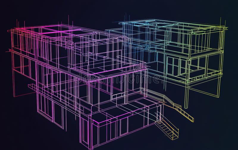 Architectural Design Blueprint of Modern Buildings with Vibrant Neon ...