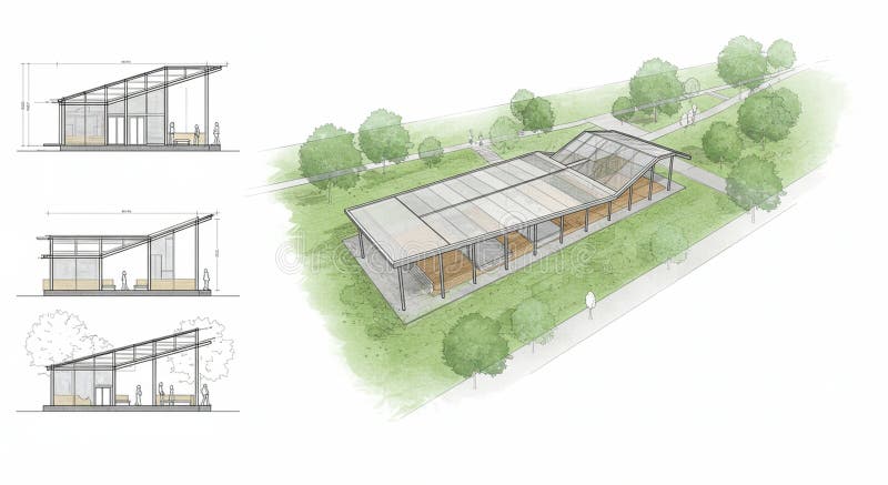 Architectural Design Featuring a Modern Structure with a Sloped Roof ...