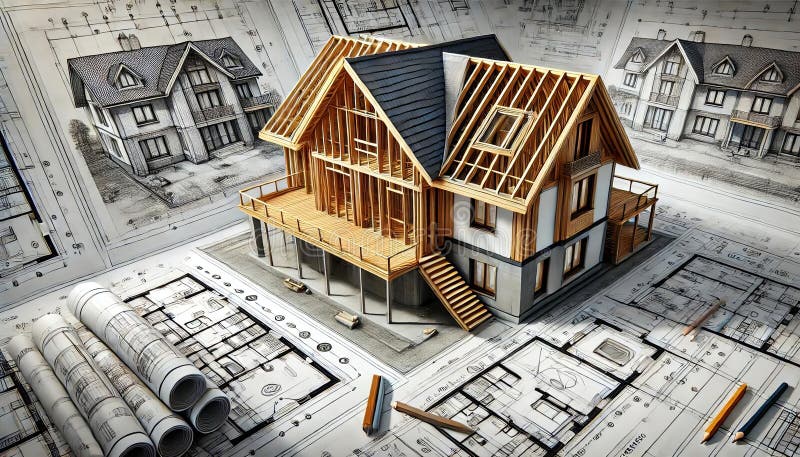 Architectural Design of a Modern House with Blueprints in Grayscale ...