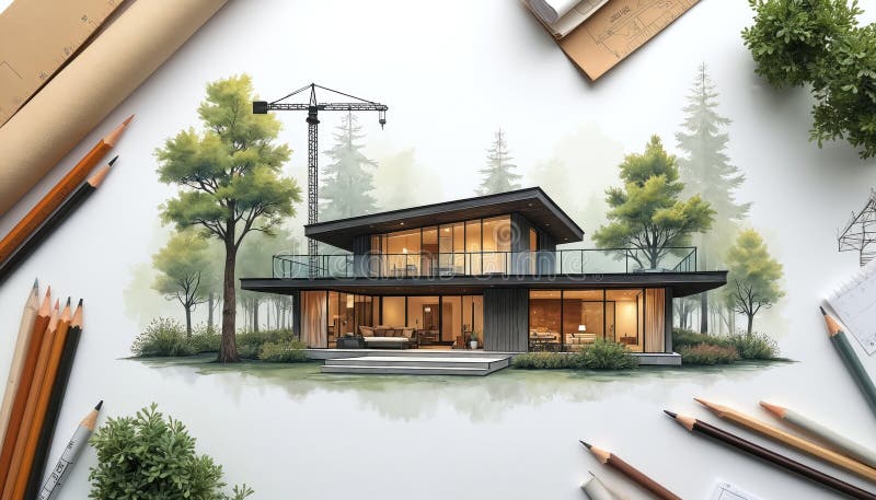 Architectural Design of Modern House with Blueprints, Pencils. Home ...