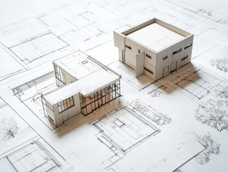 Architectural Design, Modern House Models on Blueprint Stock Image ...
